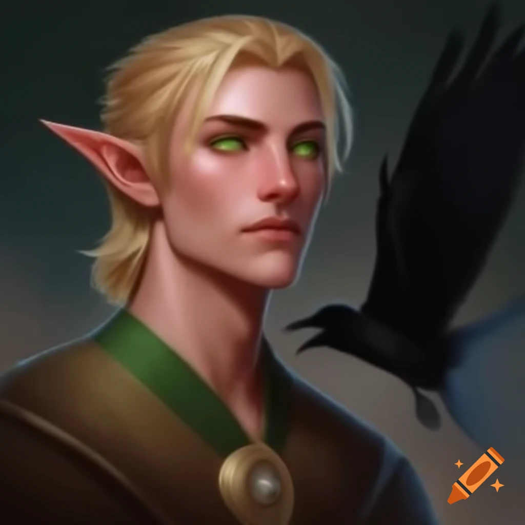 Male elf with blonde hair and green eyes wearing crow medallion on Craiyon