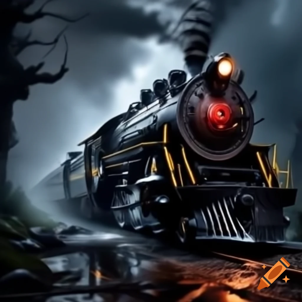 Mysterious black skull train in fog at midnight on Craiyon