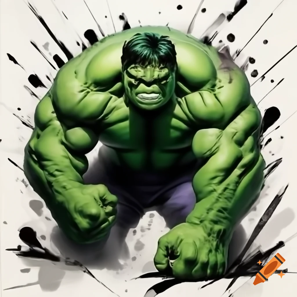 Hulk in rage transformation pose, black and white pen and ink style on ...