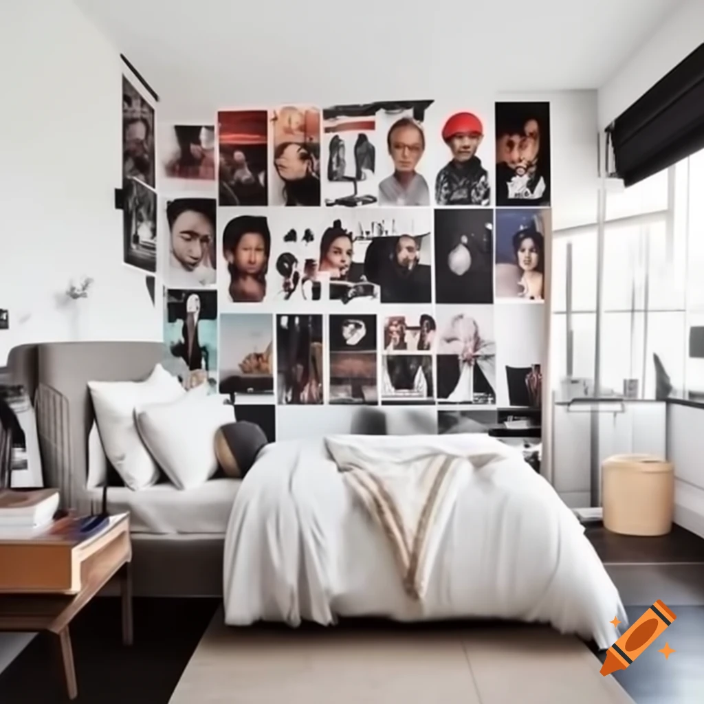 Stylish bedroom with rapper posters and minimalist street aesthetic on ...