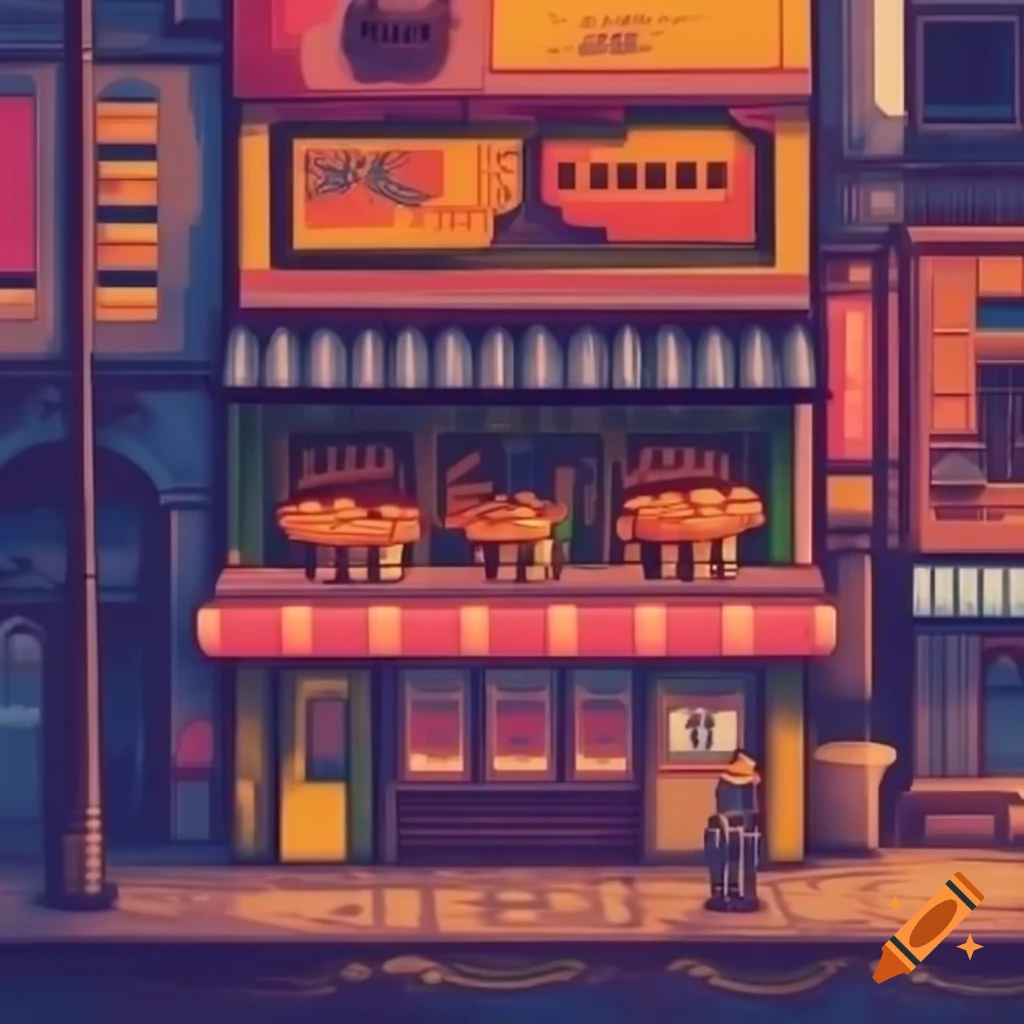 Pixel art of french-fry city themed architecture on Craiyon