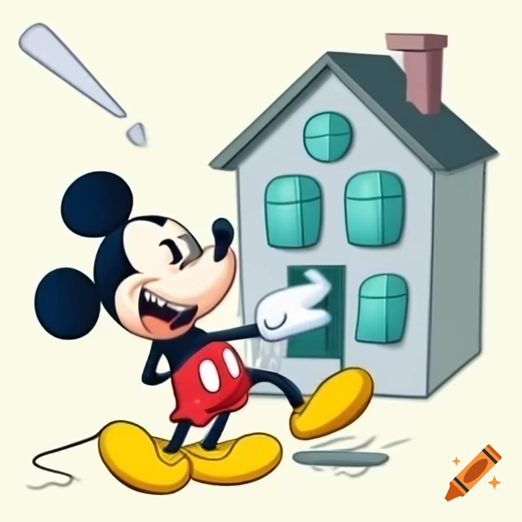 Irritated Mickey Mouse cartoon scene in a house, 2D style on Craiyon