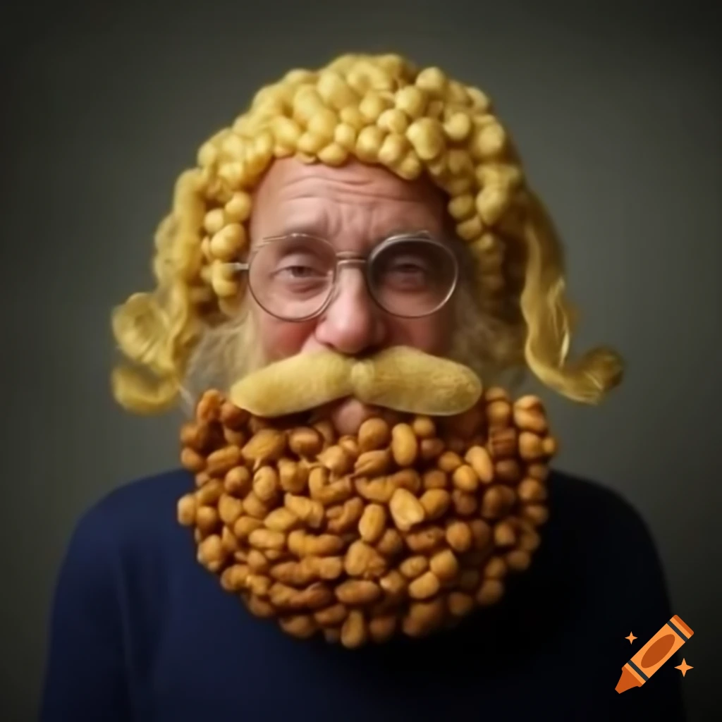 Senior with curly yellow wig and beard joyfully eating peanuts on Craiyon