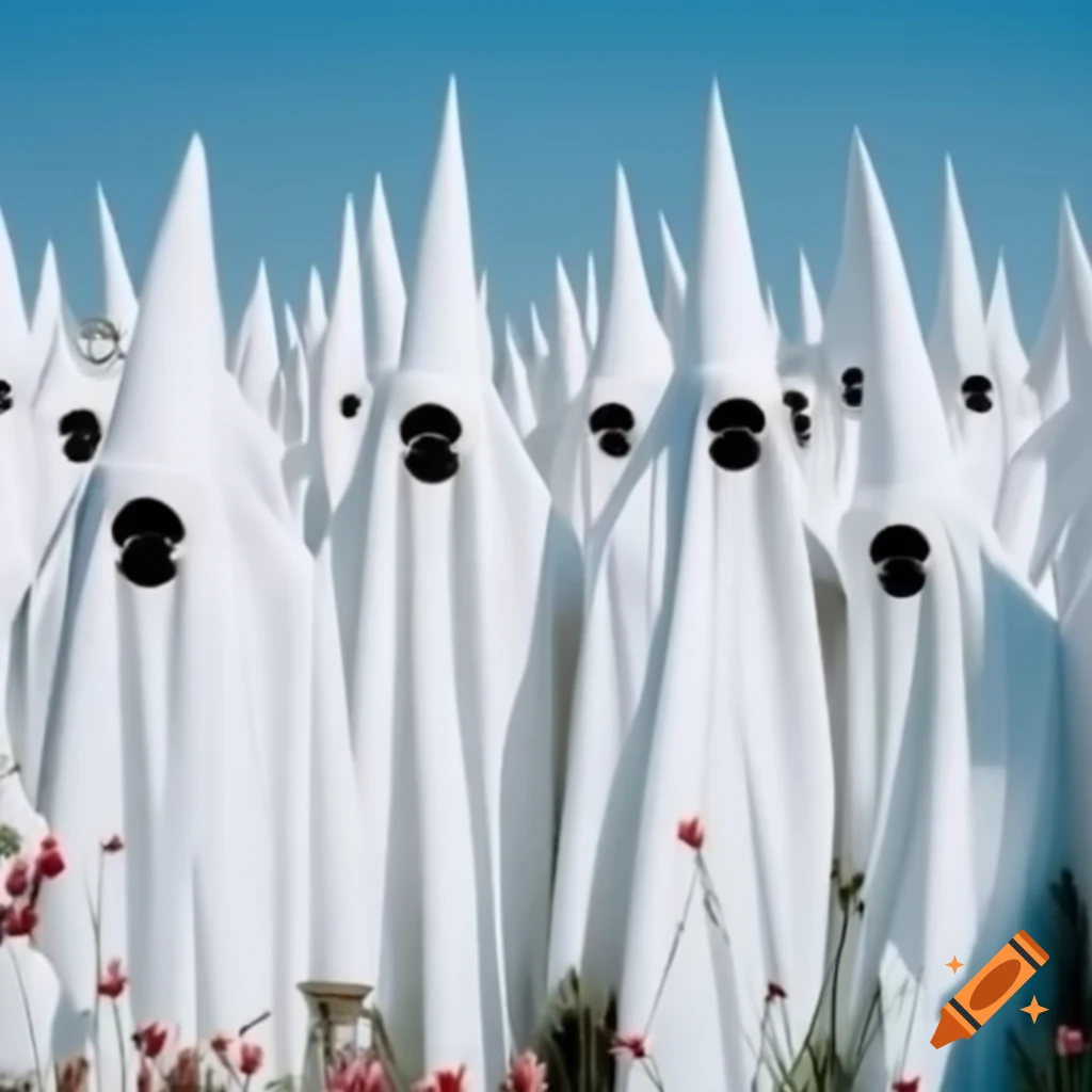 People in white cloaks with hoods playing in a flower field on Craiyon