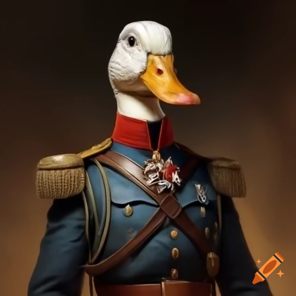 Duck in military general outfit, humorous and whimsical on Craiyon