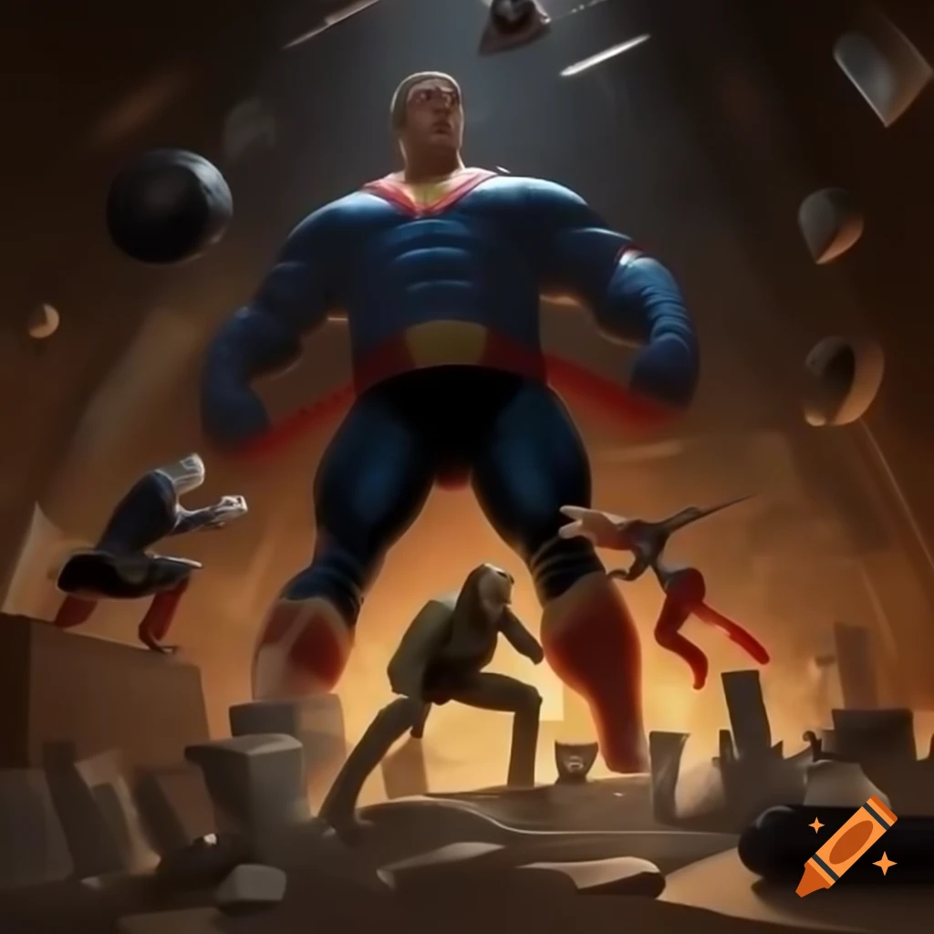 Superhero delivering powerful punches with smaller figures flying away on Craiyon