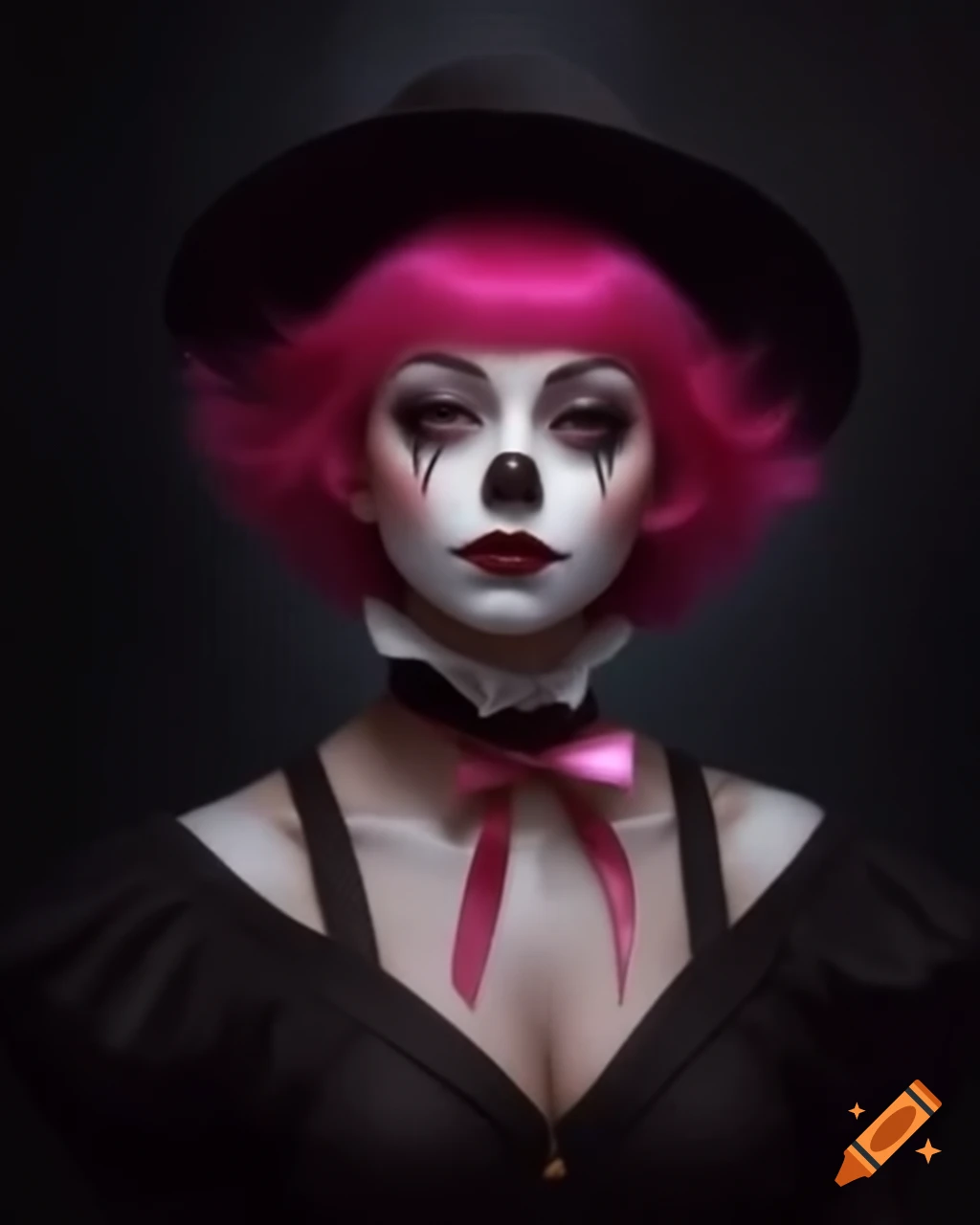 Attractive female mime with dark pink hair and large bow tie on Craiyon