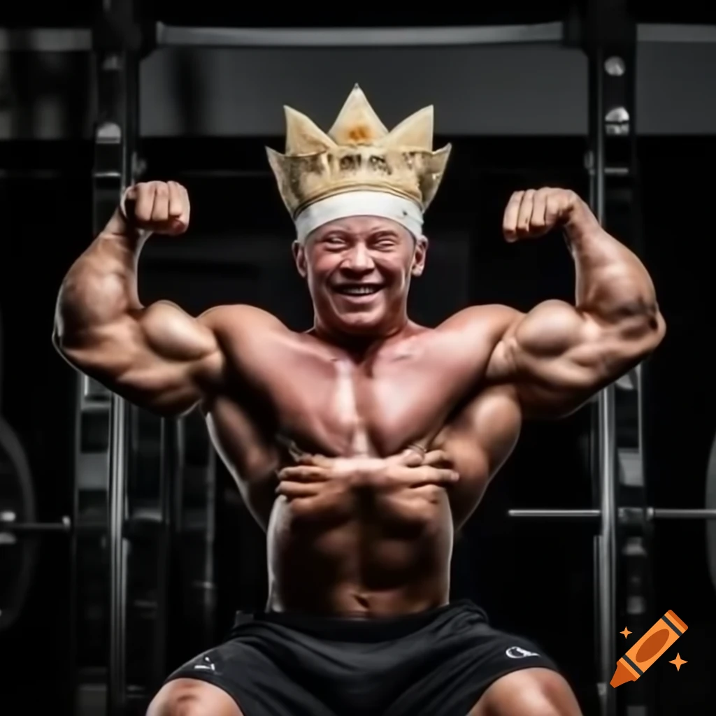 Muscular weightlifter with angelic face smiling and flexing muscles on ...