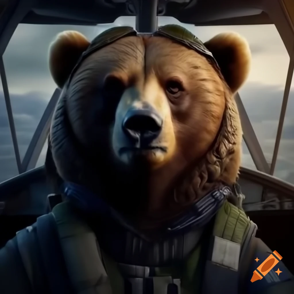 Grizzly bear pilot in airplane cockpit on Craiyon