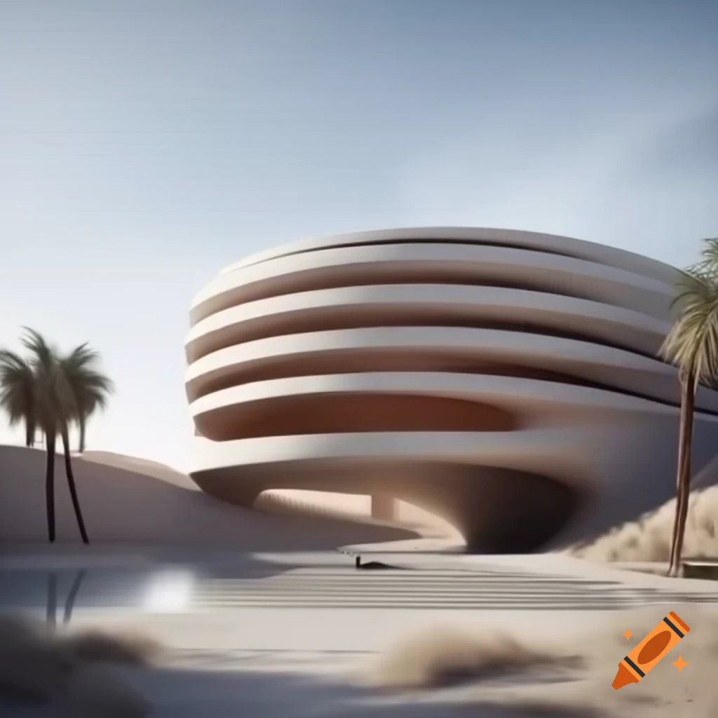 Modern futuristic round building with water courtyard in desert ...