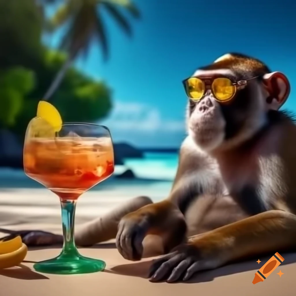 Photorealistic monkey lounging on beach sipping tropical drink in ...