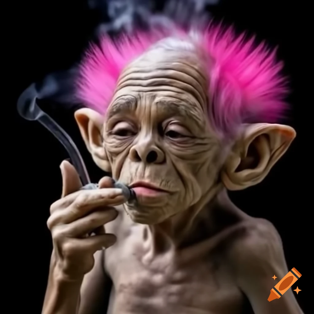 Old troll with pink wig smoking a water pipe on Craiyon