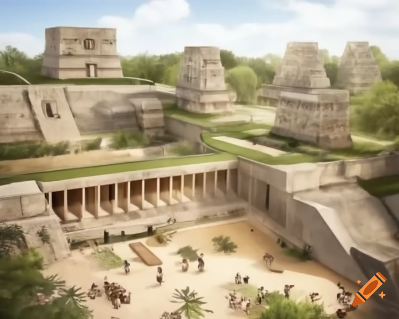 Utopian cityscape blending Mayan architecture with eco-friendly urban ...