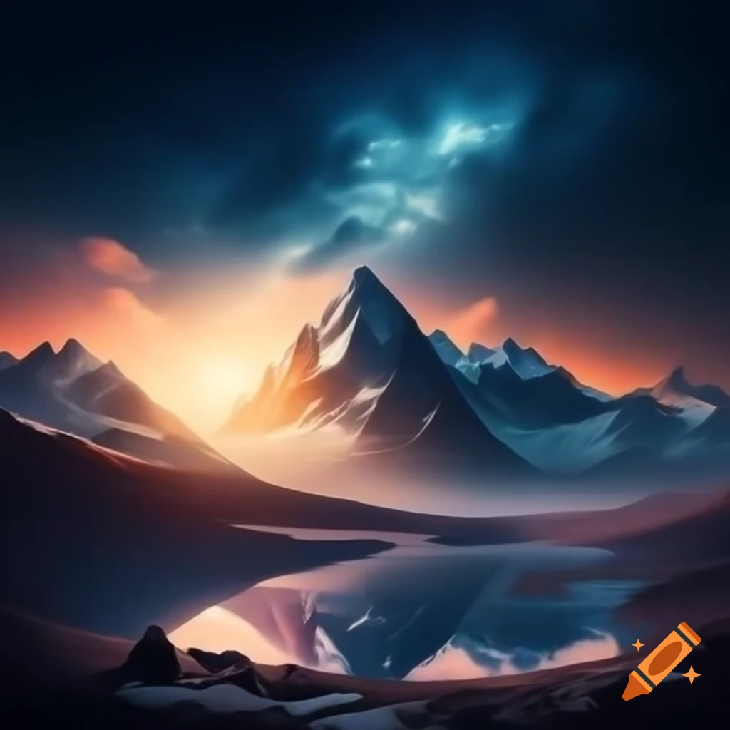 Dramatic mountainscape with snow-capped peaks at sunrise or sunset on ...