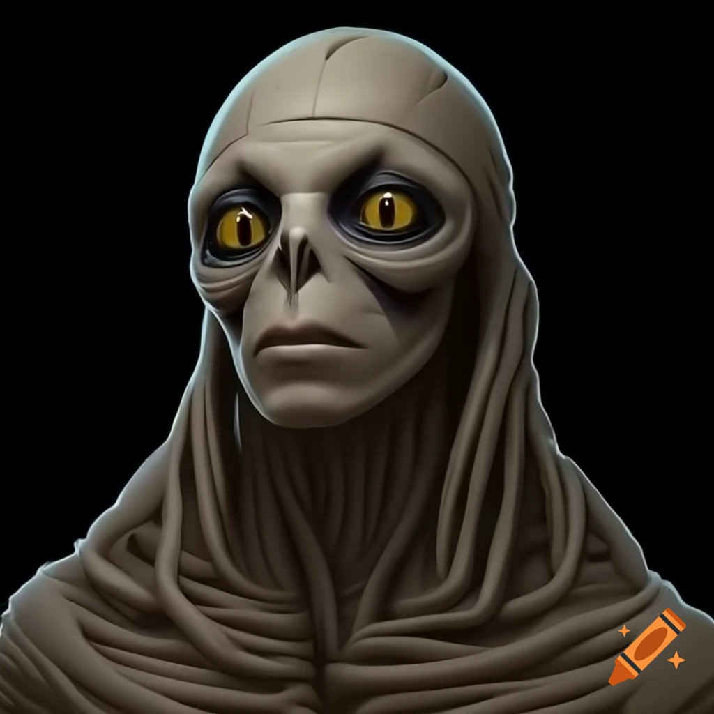 Mummy-like creature with human and praying mantis features, gray skin ...