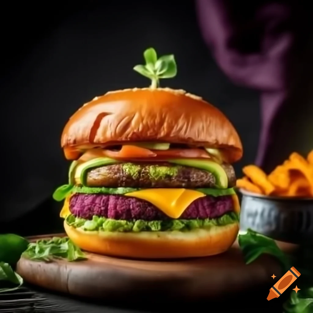 Close-up of plant-based burger with beetroot patty, avocado, and sweet ...