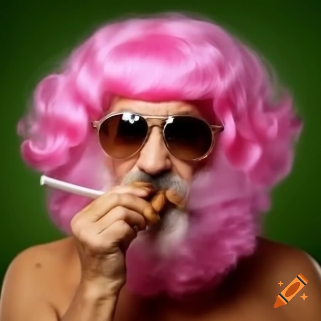 Eccentric bear resembling a senior with pink curly wig and a charming ...