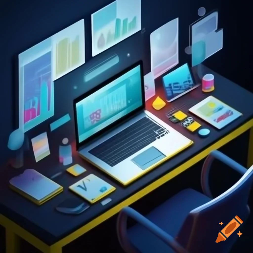 Modern digital marketing workspace with laptop displaying vibrant ...