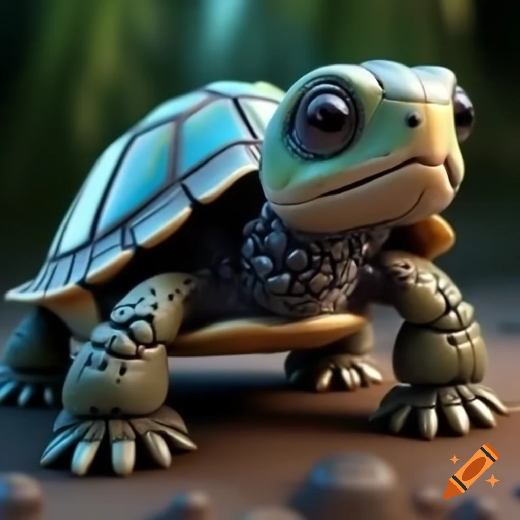 Front view of a robot turtle in grey, green, and blue colors on Craiyon