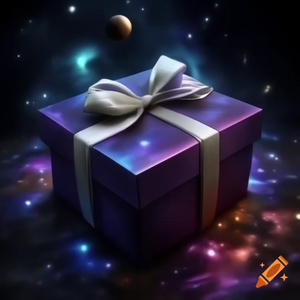 Mystical cosmic closed gift with shimmering ribbon on Craiyon