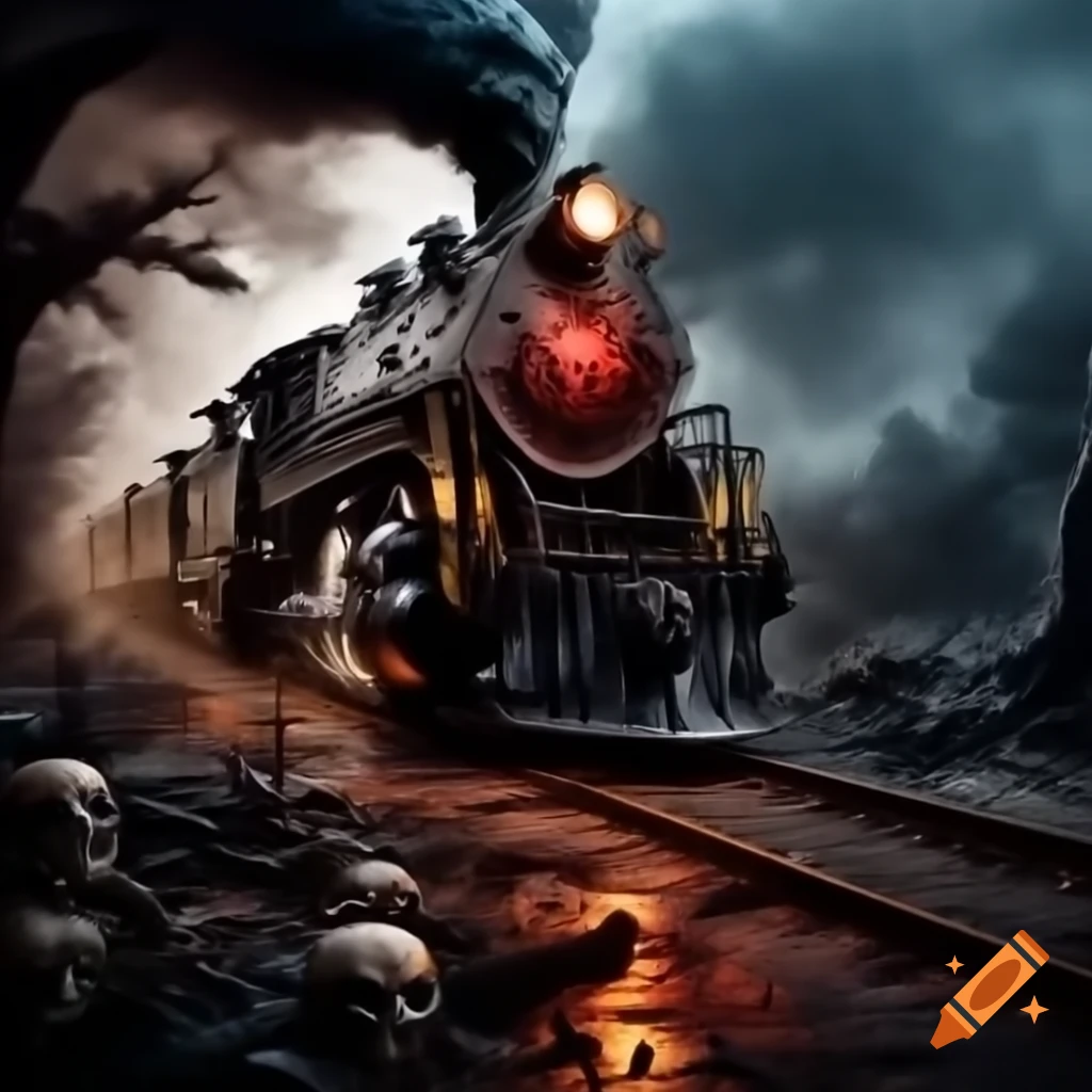 Mysterious train with skulls in smoke passing through foggy dark woods ...