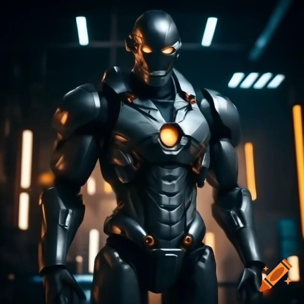 Powerful figure in mechanical armor illuminated by cinematic lights ...