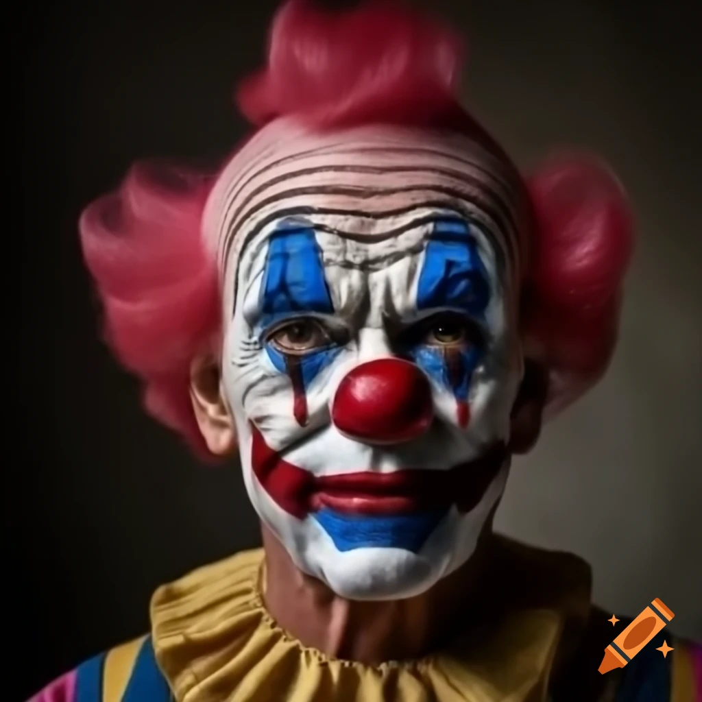 Humorous realistic clown with pink wig and fat moustache smoking a pipe ...