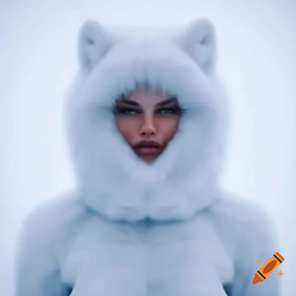Model wearing a fluffy silver fox fur snow suit on Craiyon