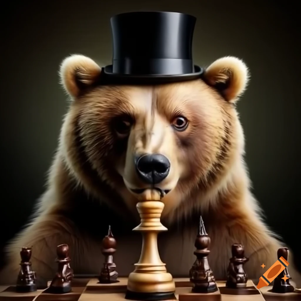 Grizzly bear in black top hat and monocle playing chess on Craiyon