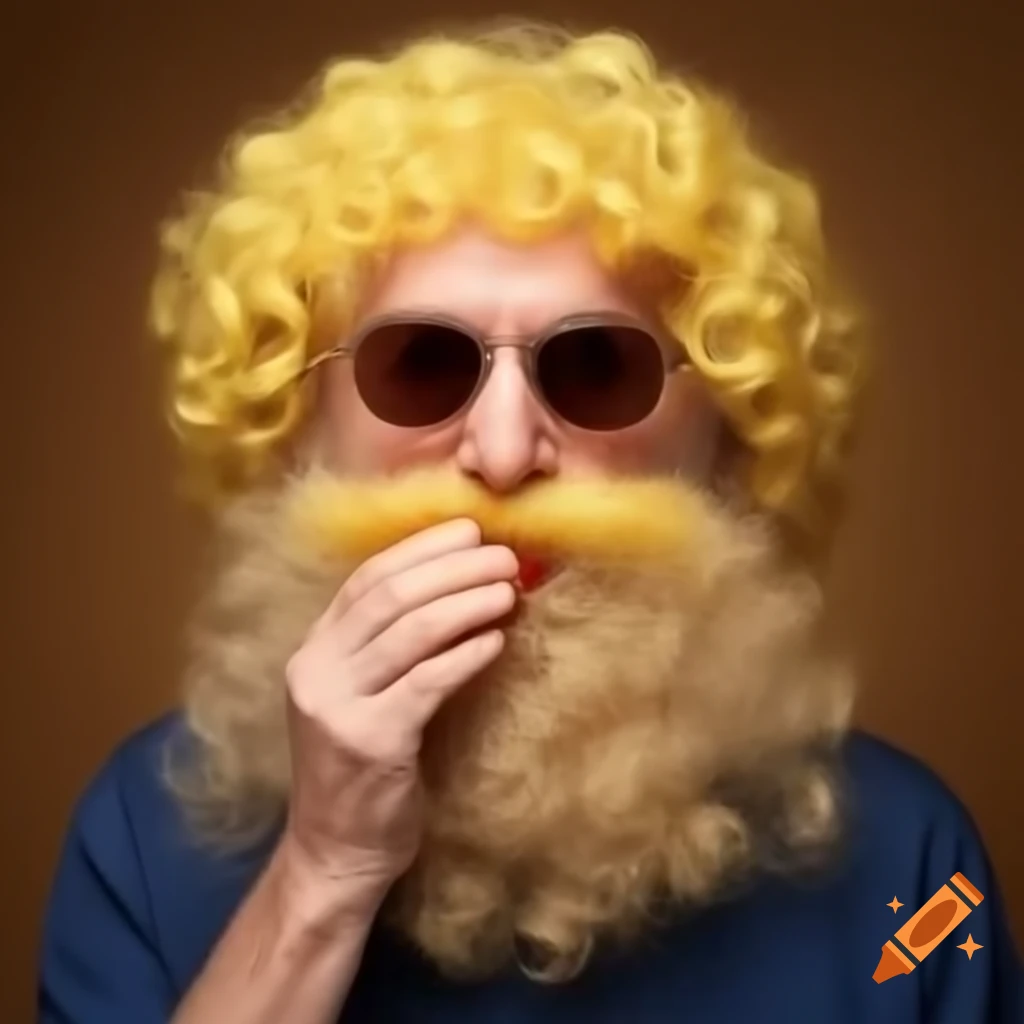 Senior character with curly yellow wig and beard, playfully eating ...