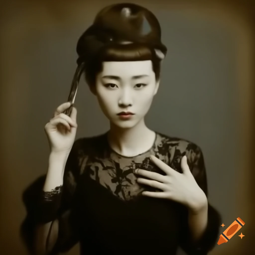 Hyper-realistic photograph of beautiful Asian woman from 1920 with vintage Flapper hairstyle on ...