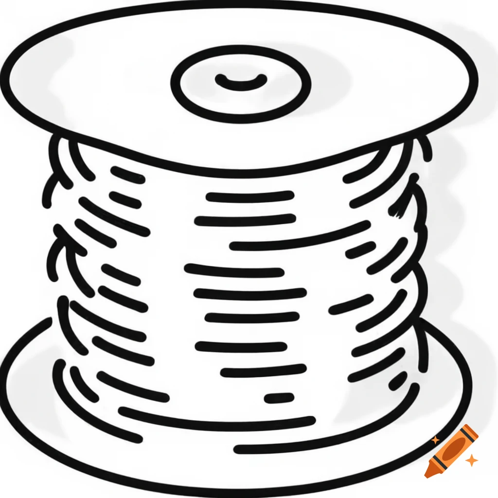 Black and white line drawing of a spool of wire on Craiyon