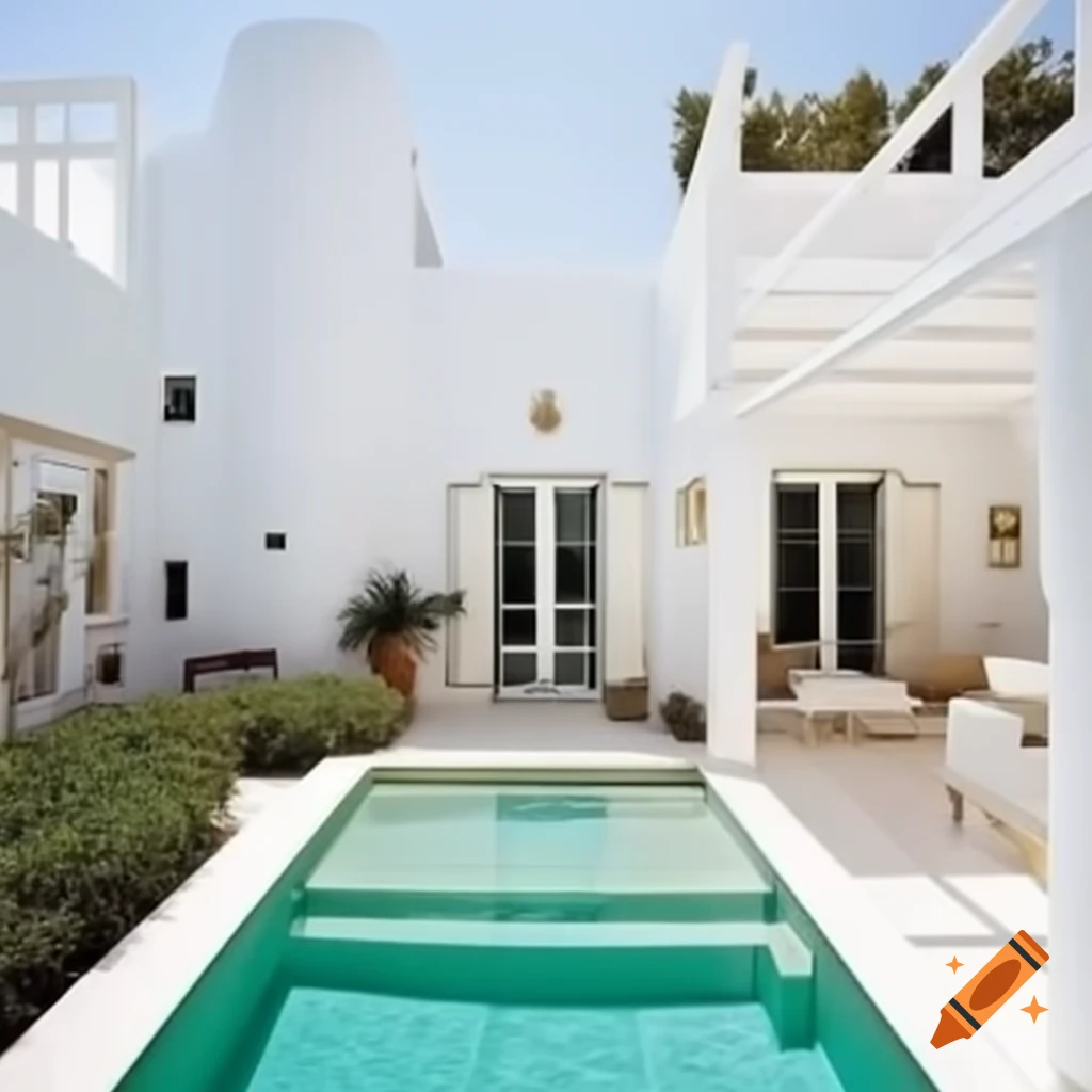 Cozy mediterranean atrium with verandas and turquoise swimming pool ...