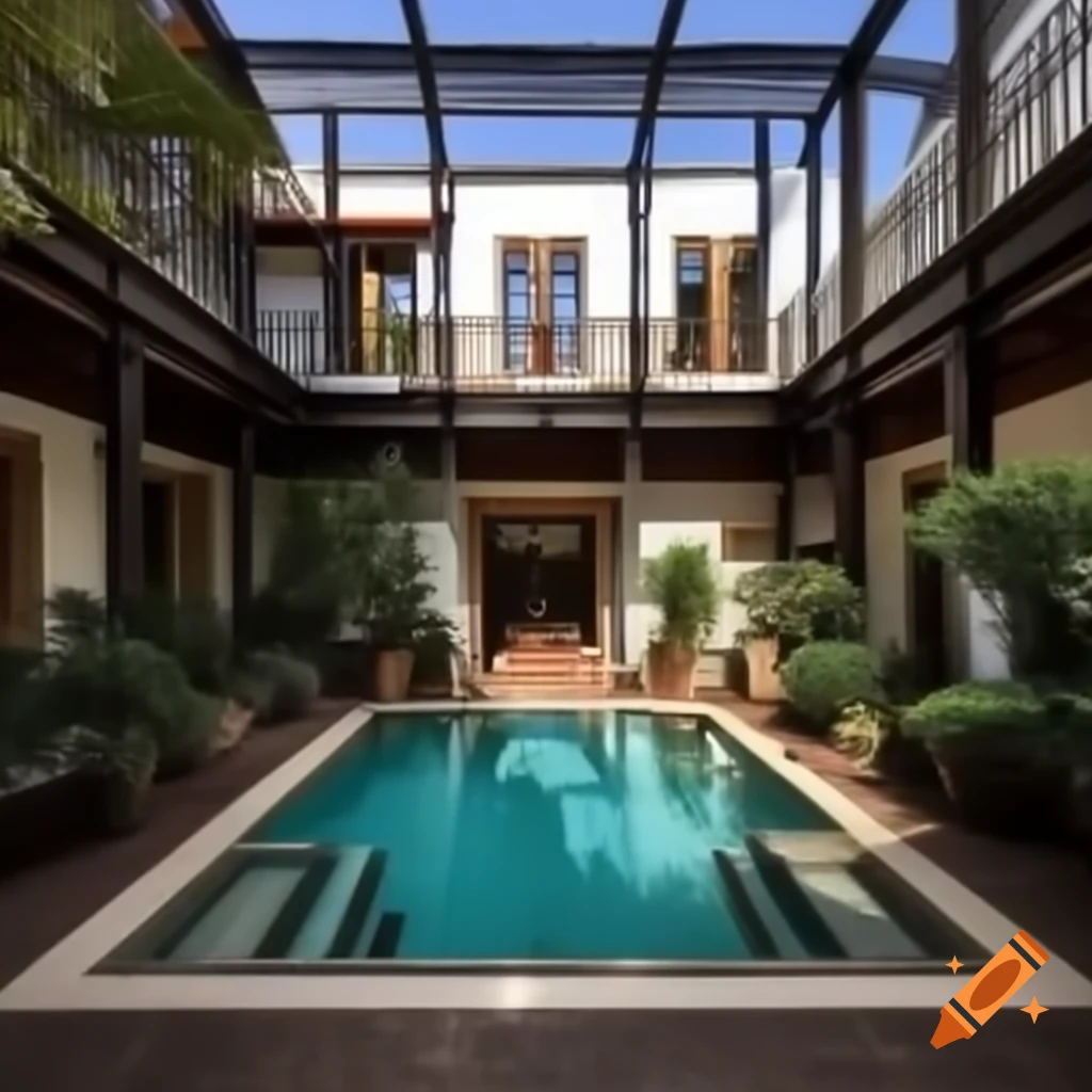 Enclosed inner courtyard swimming pool surrounded by greco-roman ...