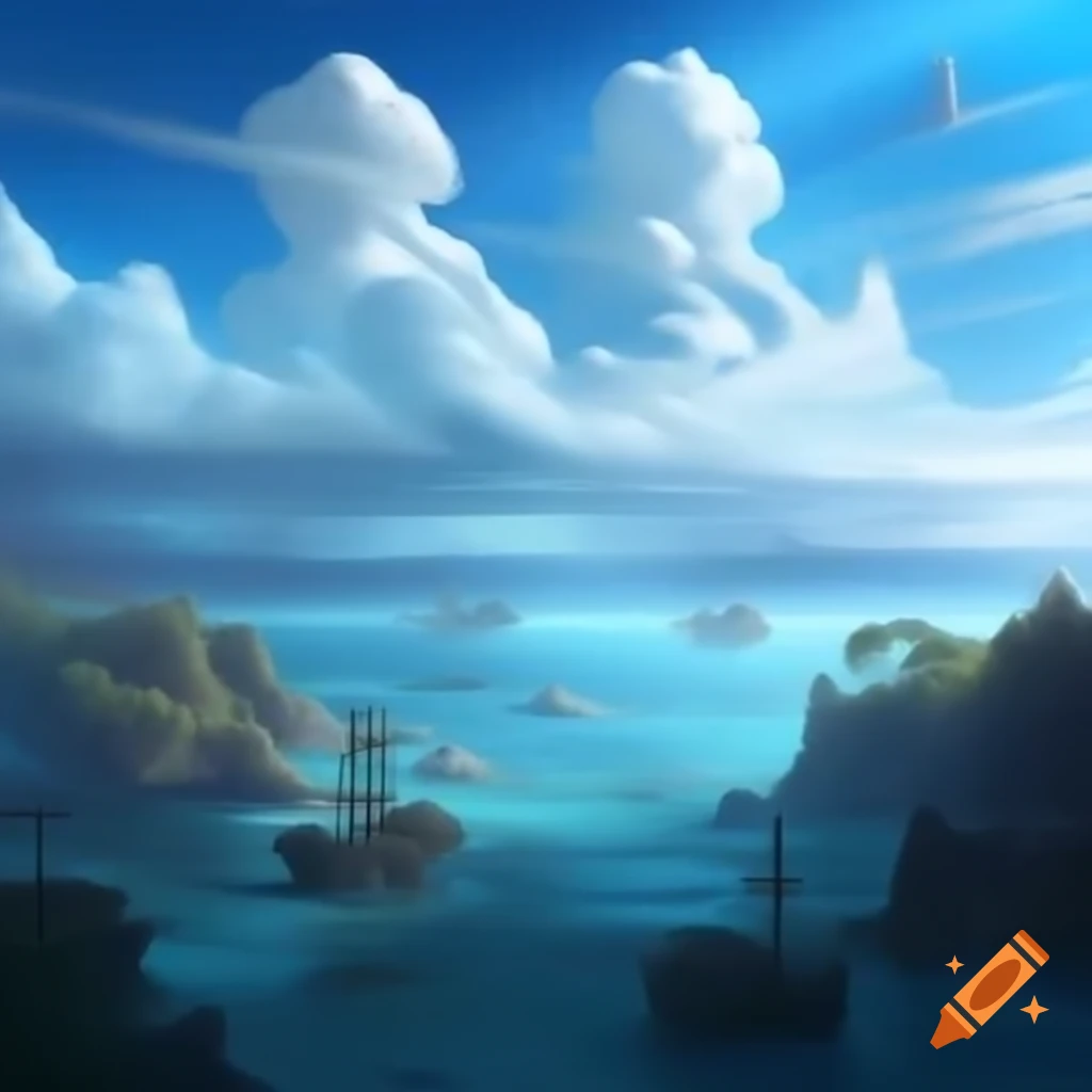 Fantasy tranquil shoreline of vast ocean with distant ships on Craiyon