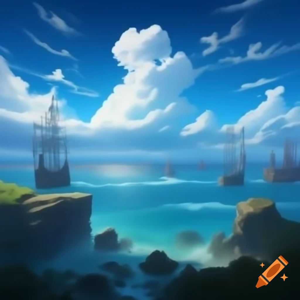 Fantasy tranquil shoreline of vast ocean with distant ships on Craiyon