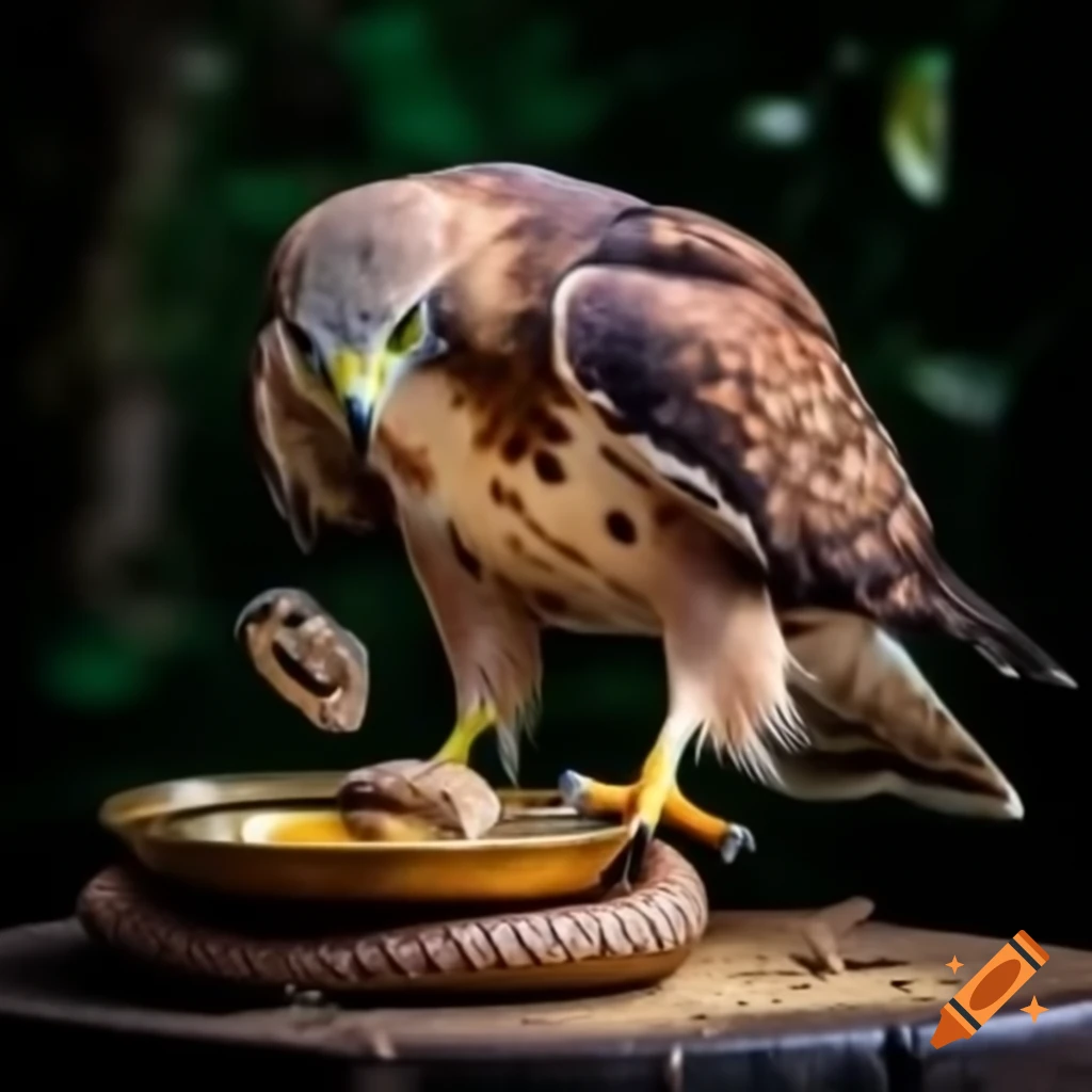 Buzzard with buzz-cut and beer under wing, eating adder on gold plate ...