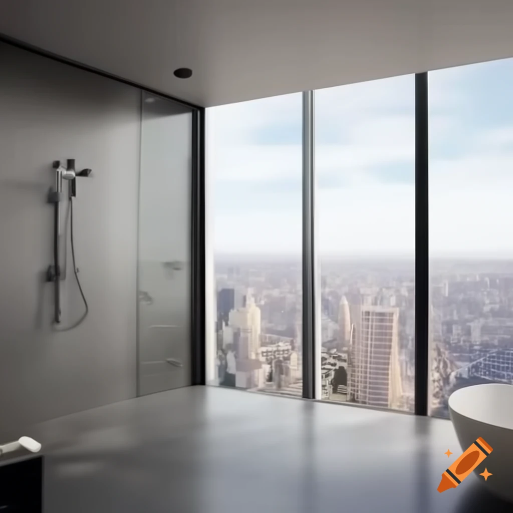 Contemporary shower room with city views of new york at midnight on Craiyon