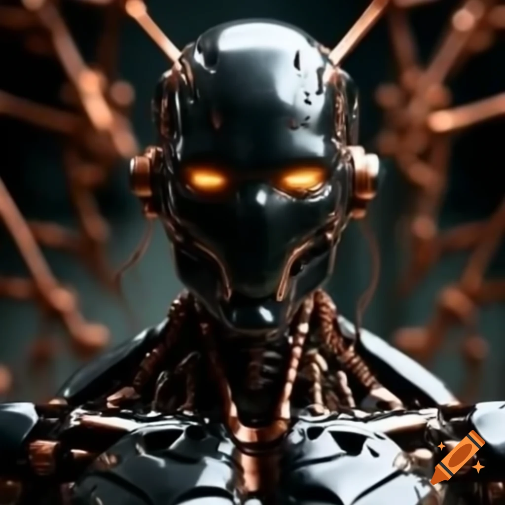 Androgynous robot with black enamel and copper highlights on Craiyon
