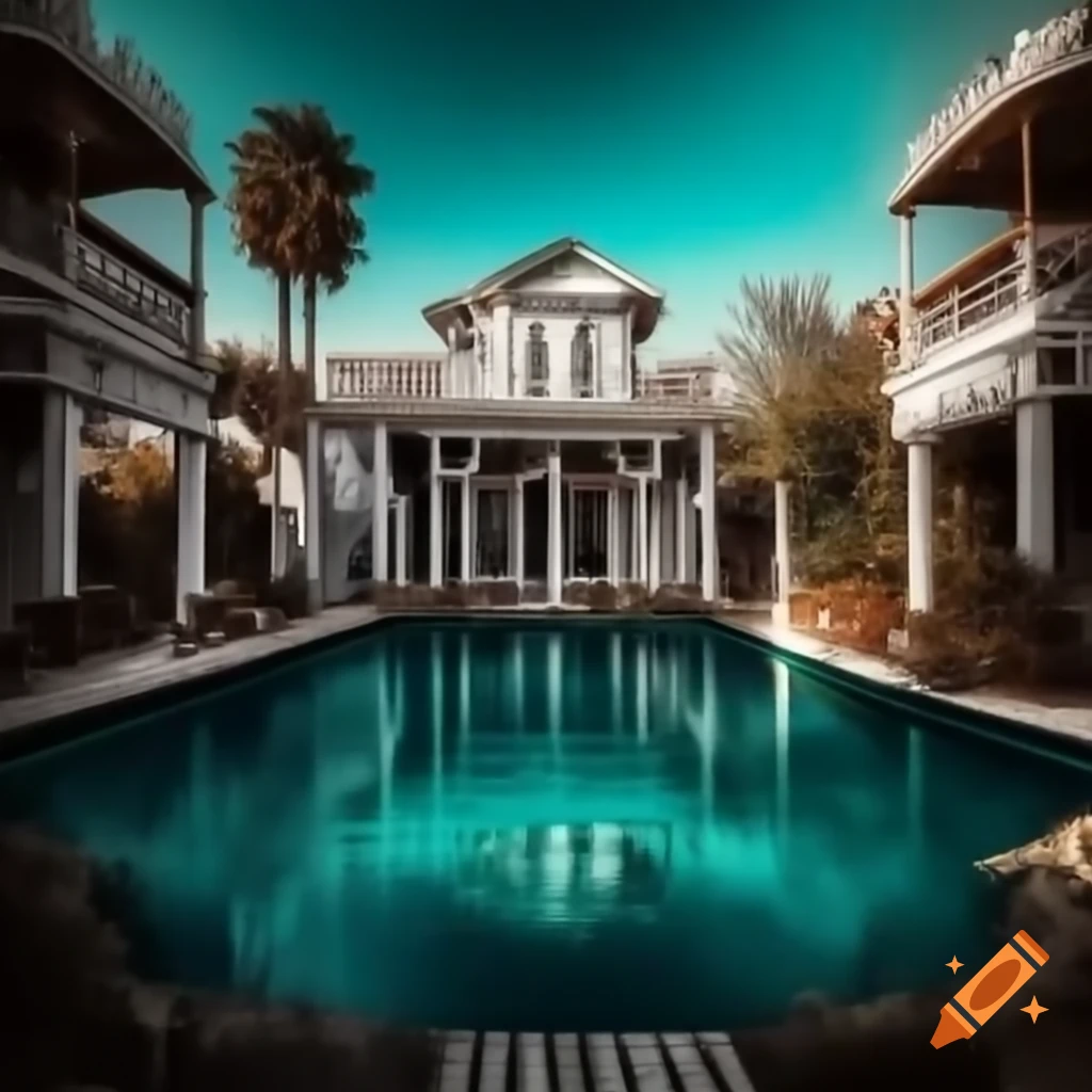 Eclectic atrium house with Greek balconies and swimming pool, featuring ...