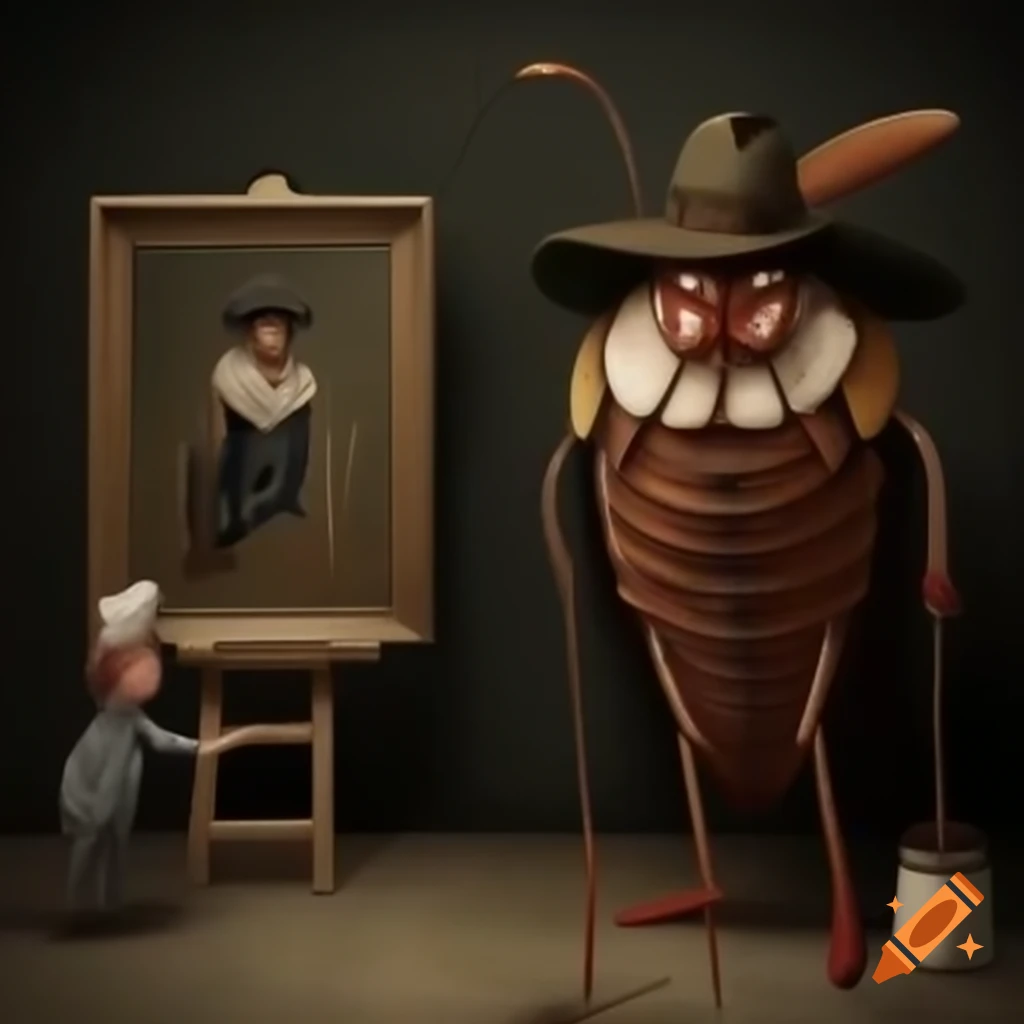 Friendly cockroach in fashionable attire meets miniature human in ...