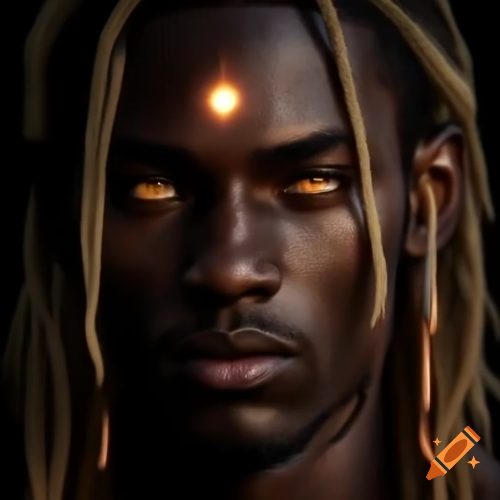 Black male sun god character with glowing brown skin and blonde wavy ...