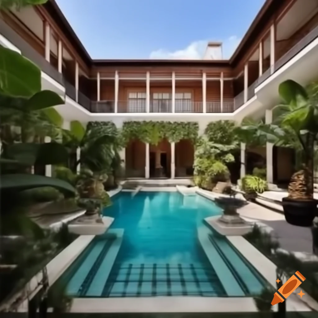 Inner courtyard swimming pool surrounded by Greco-Roman-inspired atrium ...
