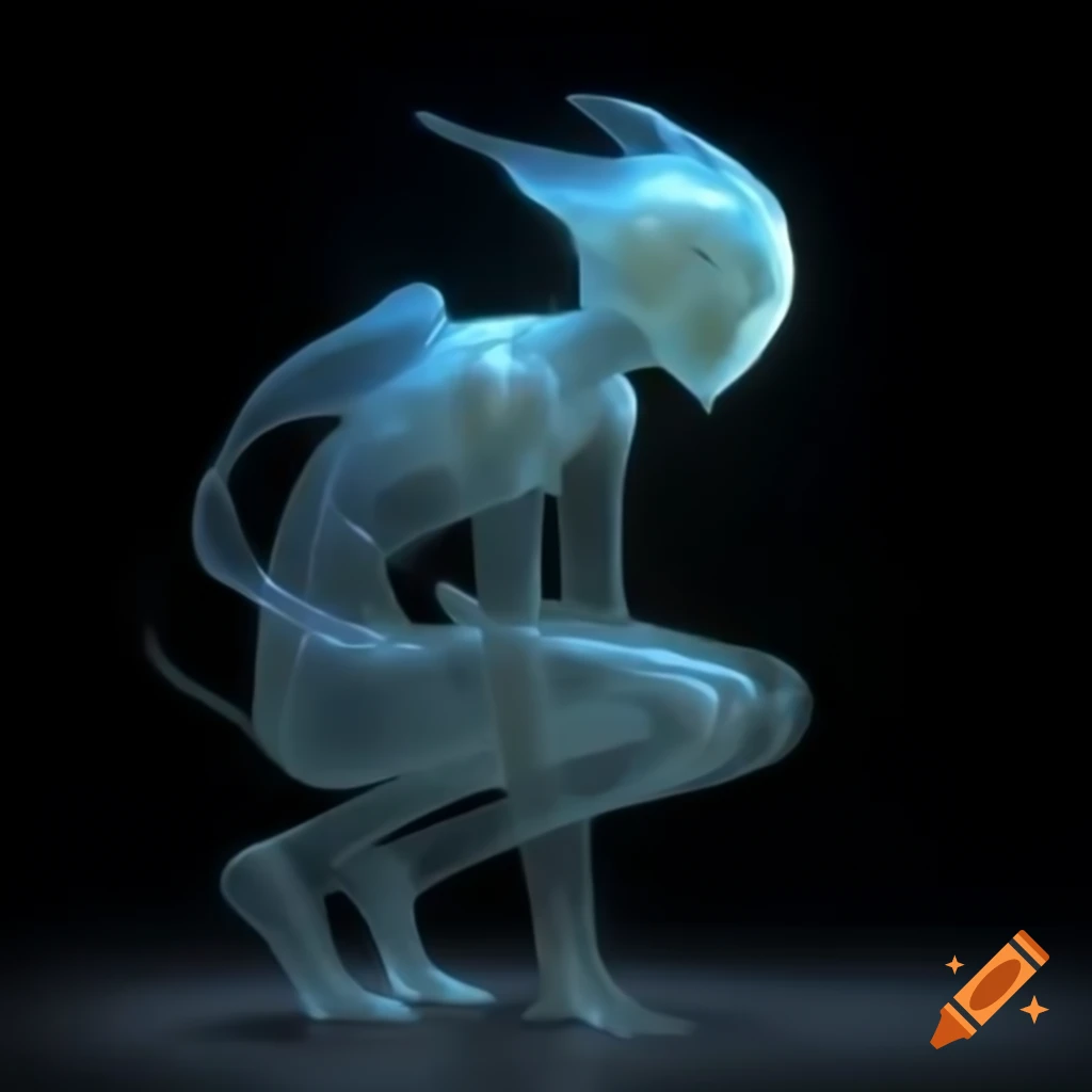 Translucent glowing figure crouching in dark fantasy style on Craiyon