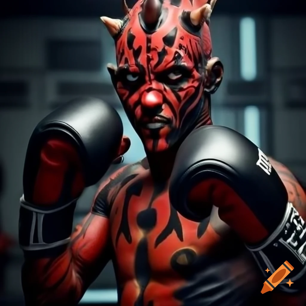 Darth Maul in boxing gloves and attire in defensive stance, realistic ...