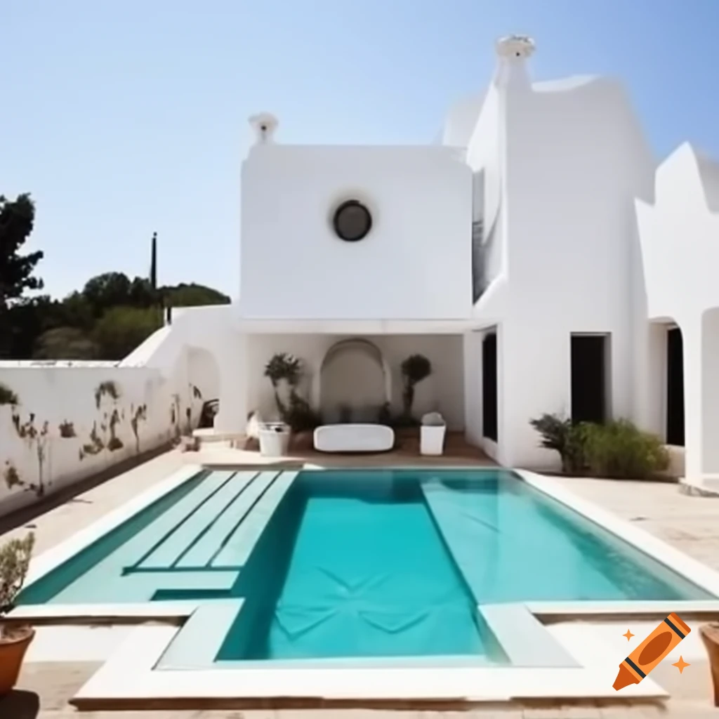 Cozy mediterranean atrium with verandas and turquoise swimming pool ...