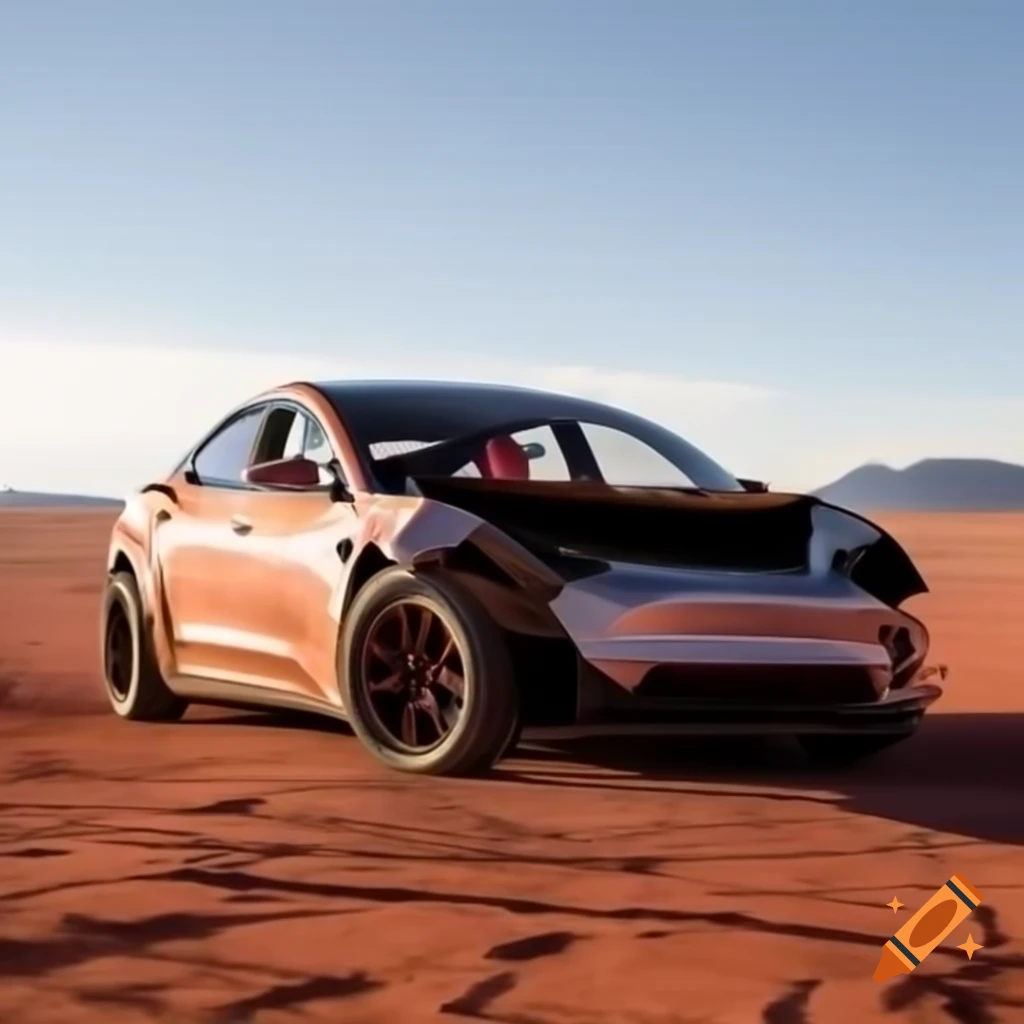 Rusted broken Tesla Model 3 half buried in red desert on Craiyon