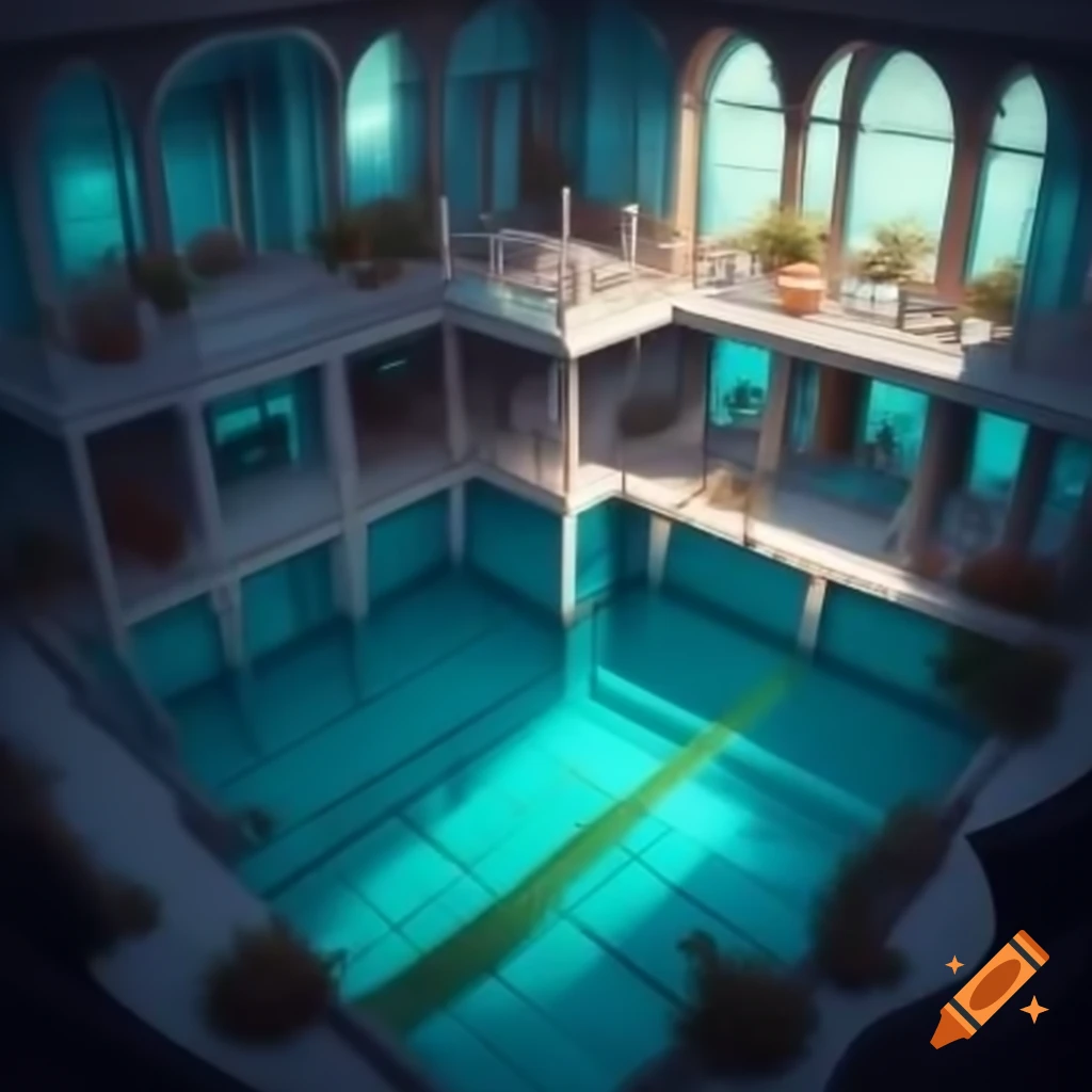 Eclectic atrium house with Greek balconies and swimming pool surrounded ...