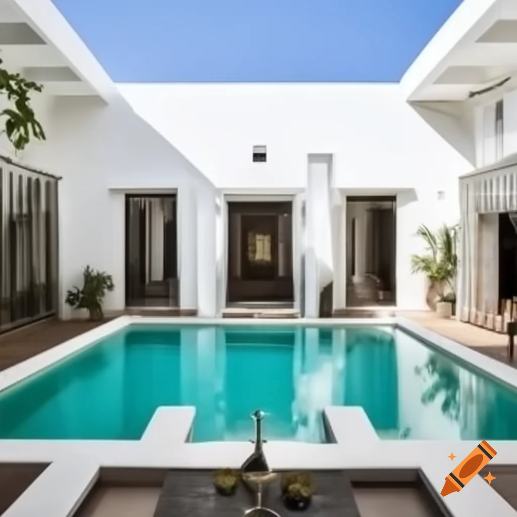 Cozy mediterranean atrium with swimming pool and lush greenery on Craiyon