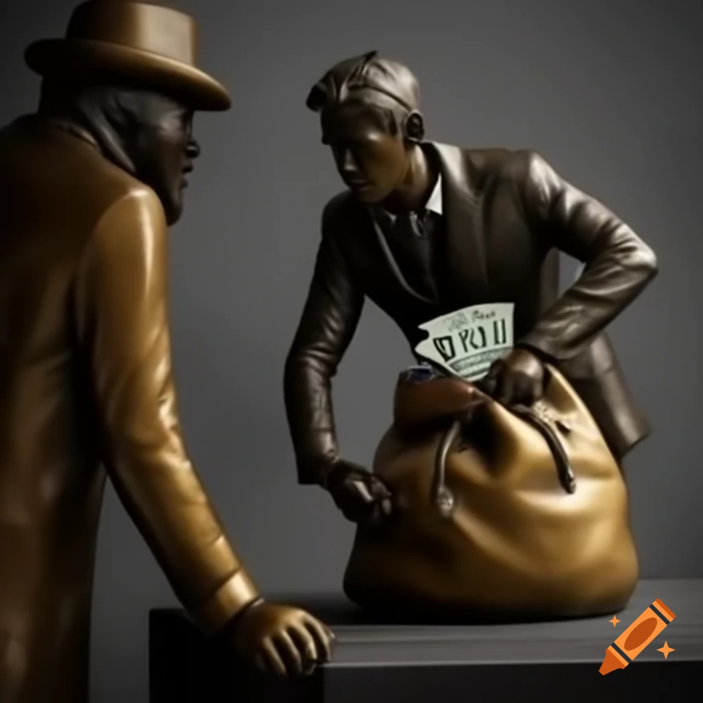 Bronze statue depicting a money exchange between two figures on Craiyon
